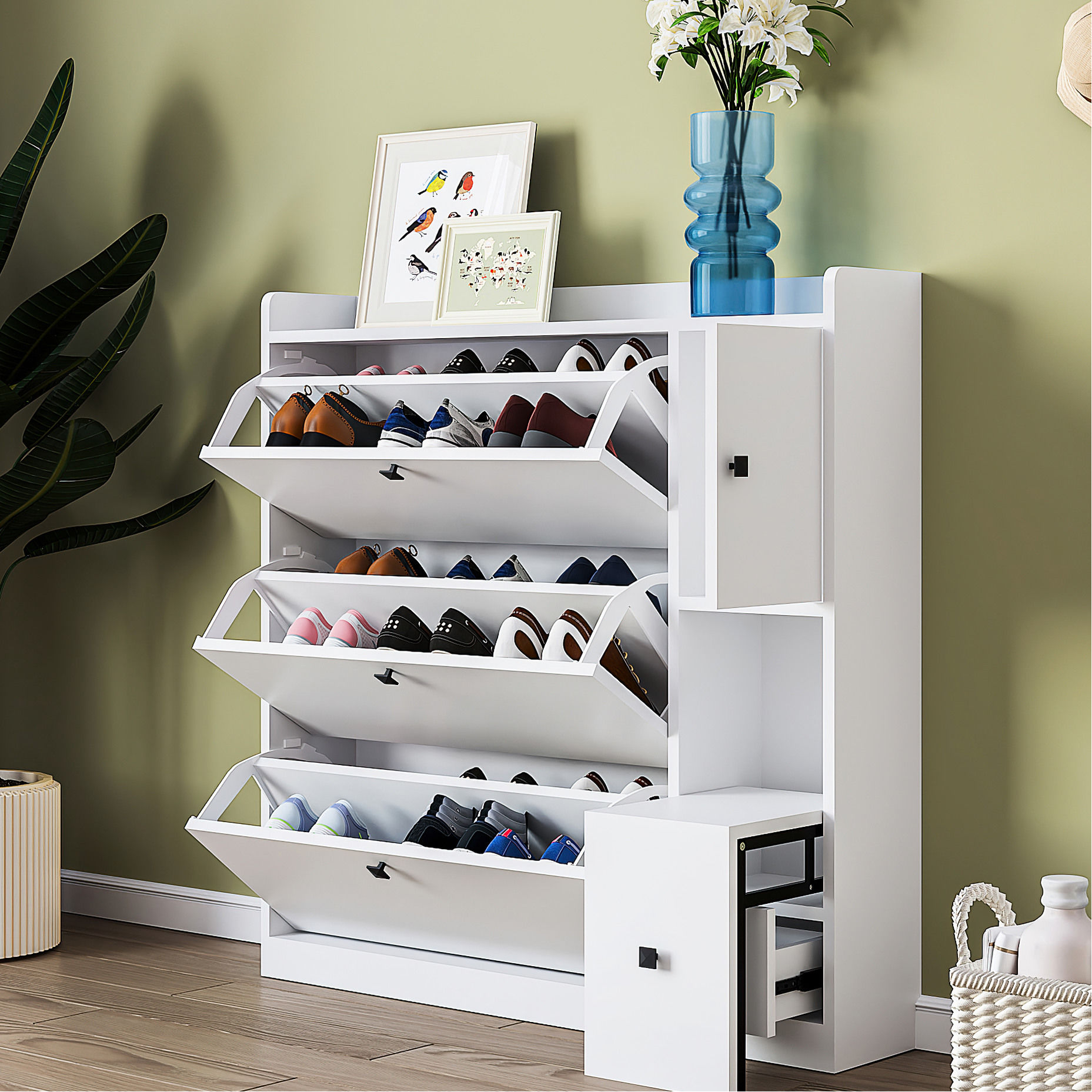 White Freestanding Shoe Cabinet | Drawers for 24 Pairs, Comfortable ...