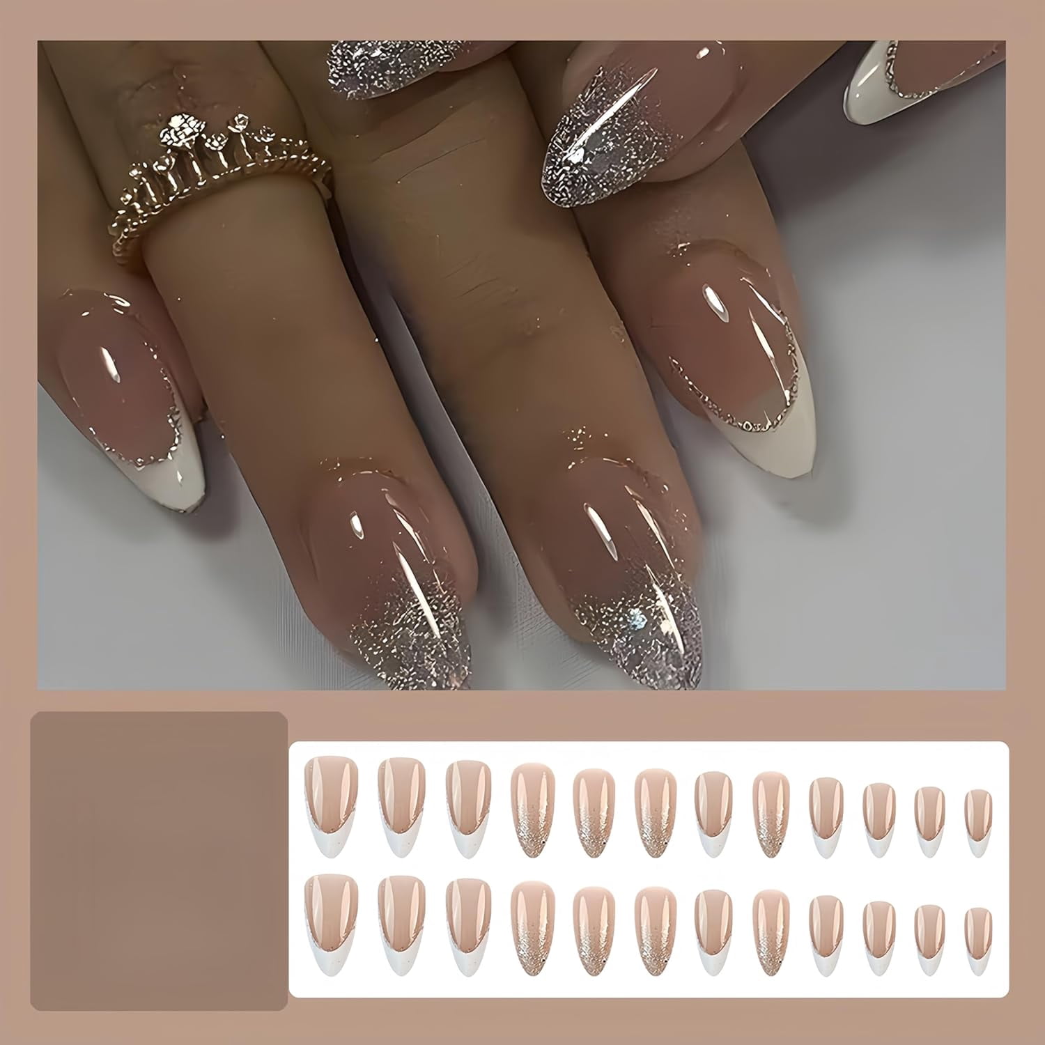 White French Tip Press on Nails with Rose Gold Glitter Designs Short ...