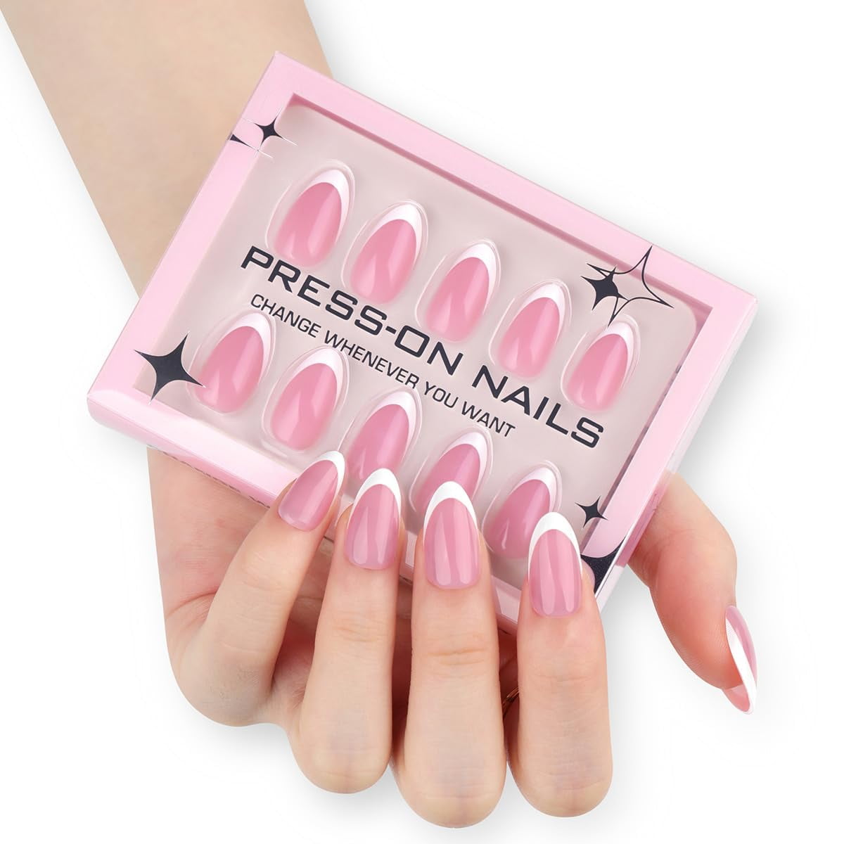 White French Tip Press on Nails Short Almond - Spring Pink Nails Press ...