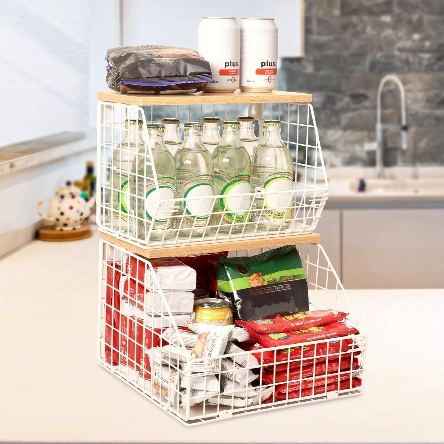 White Fruit Bowl, 2-Tier Fruit Basket for Kitchen Counter, Stackable ...