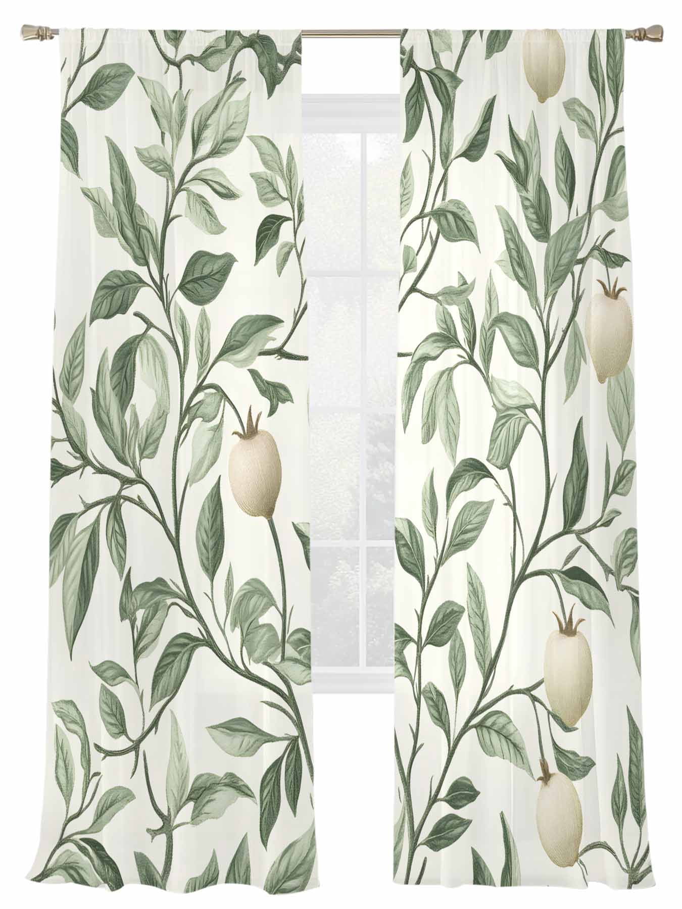 White Fruit Sheer Curtains 2 Panels Set Green Leaf Vintage Country ...