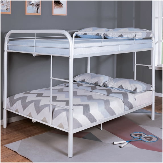 White Full Size Bunk Bed Frame, Metal Bunkbed with Angled Ladder for ...