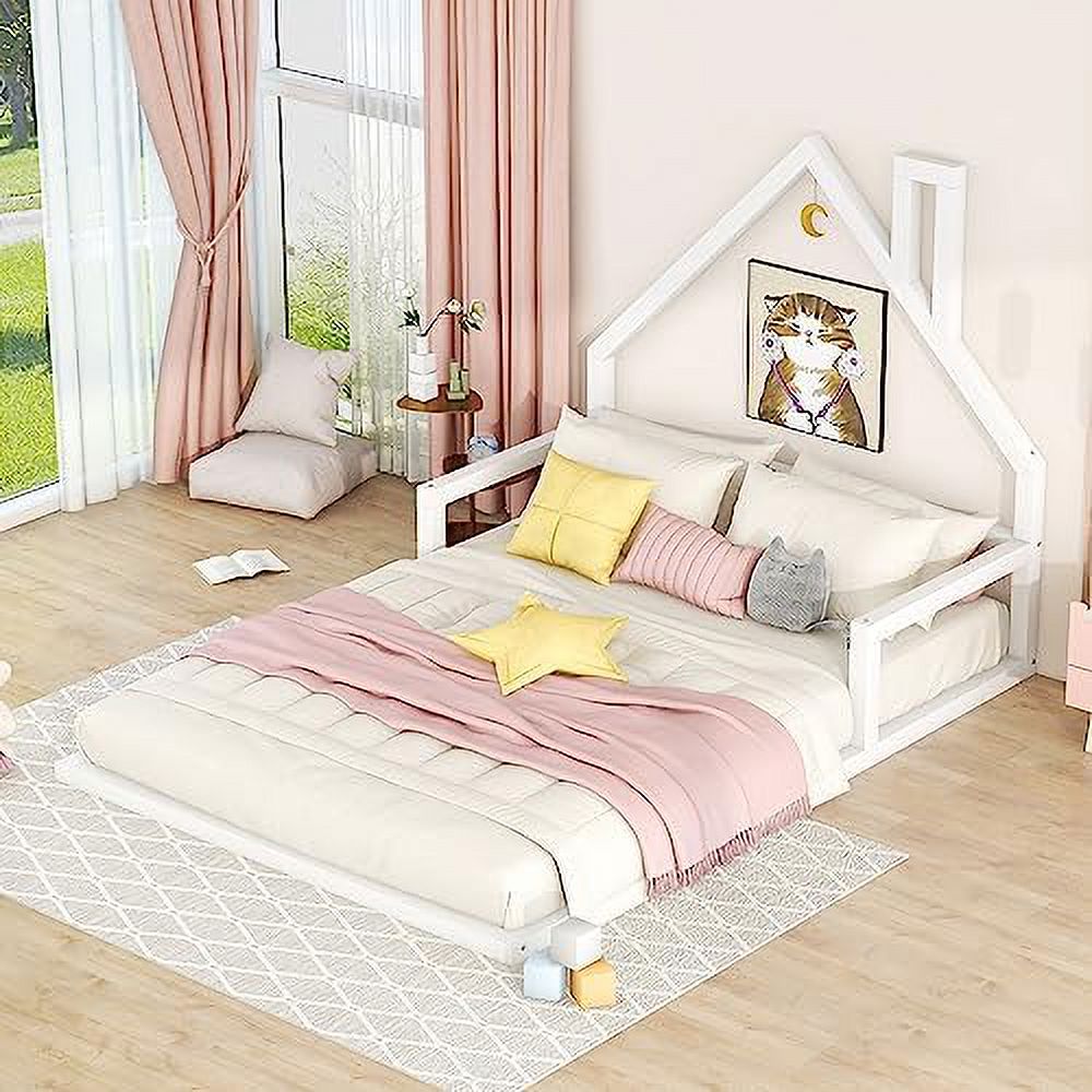 White Full Size Floor Bed with House-Shaped Headboard, Wooden Full ...