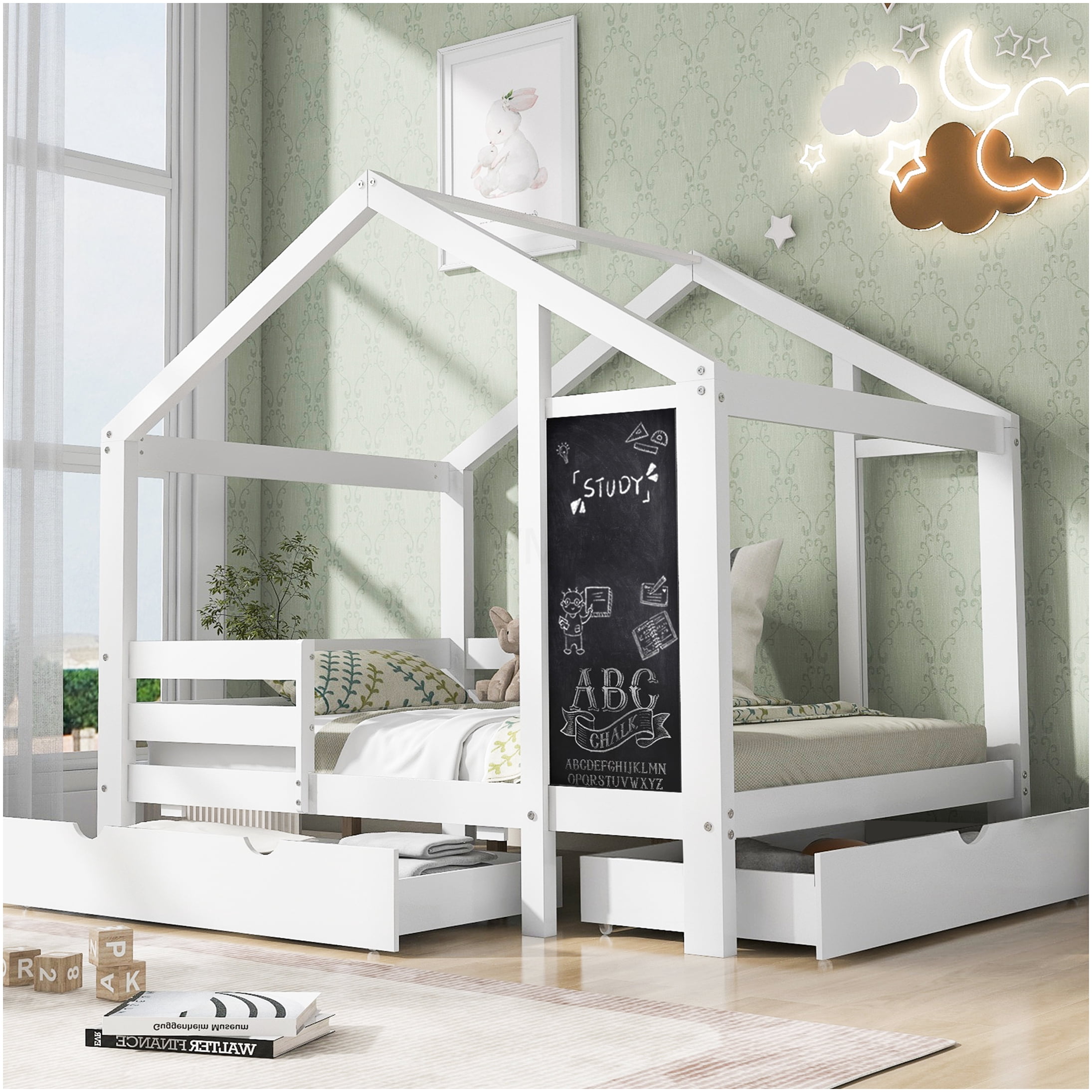 White Full Size House Bed Frame with Built-in Blackboard and 3 Storage ...