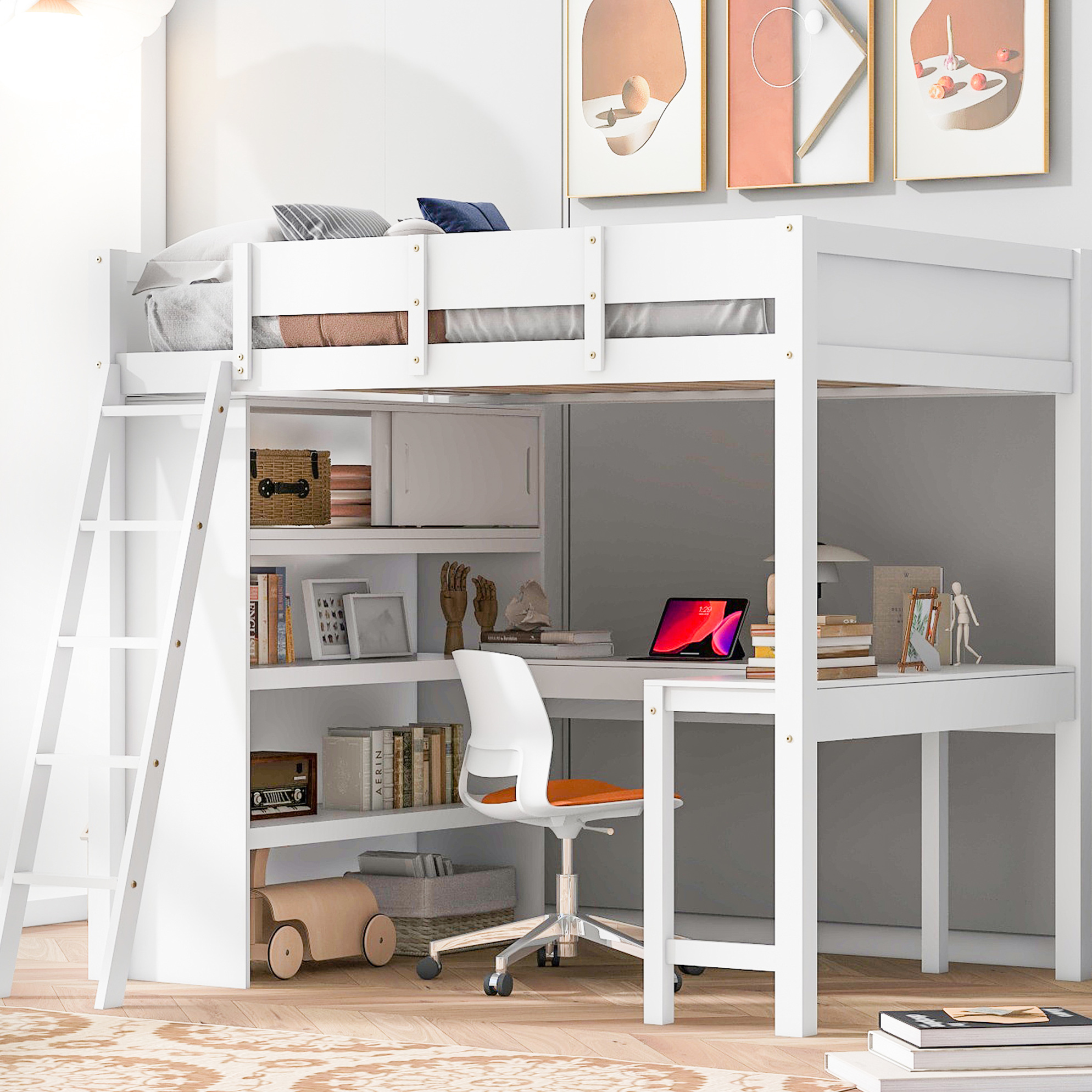 White Full Size Loft Bed With Desk And Storage Shelf. Save Bedroom ...
