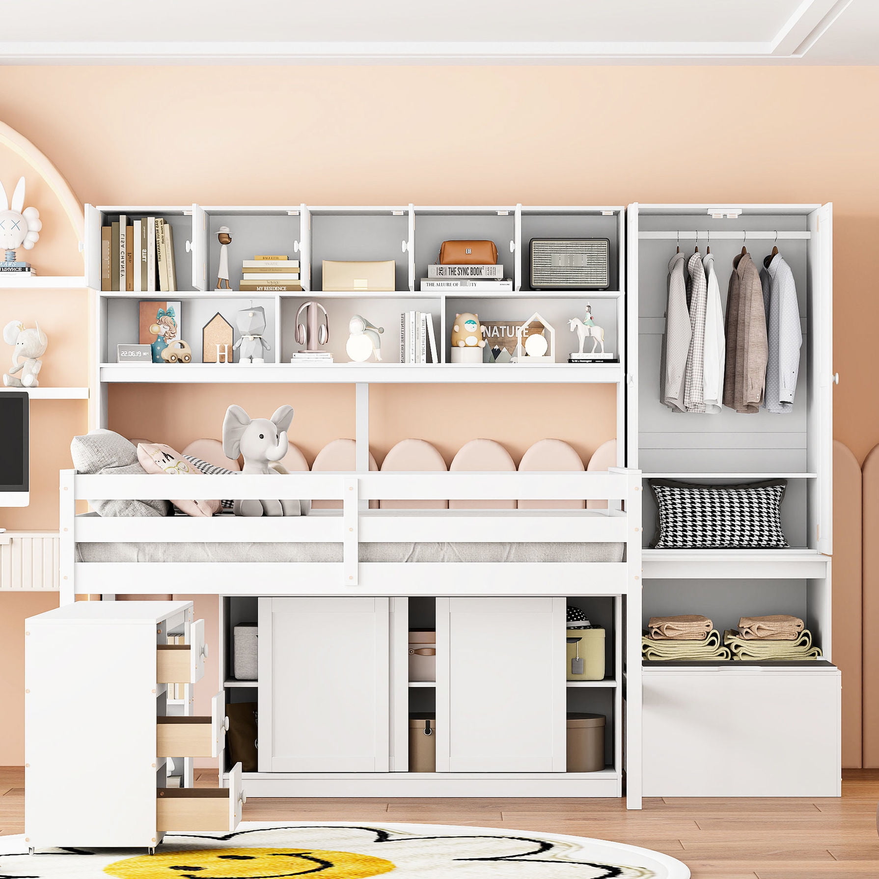 White Full Size Loft Bed | Under - bed Desk with Storage | Built - in ...
