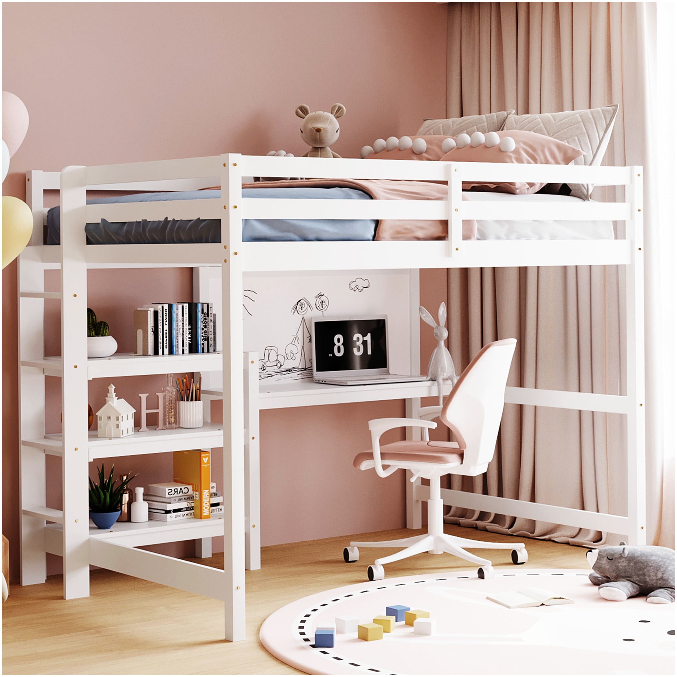 White Full Size Loft Bed with Desk, Shelves & Built-in Writing Board ...