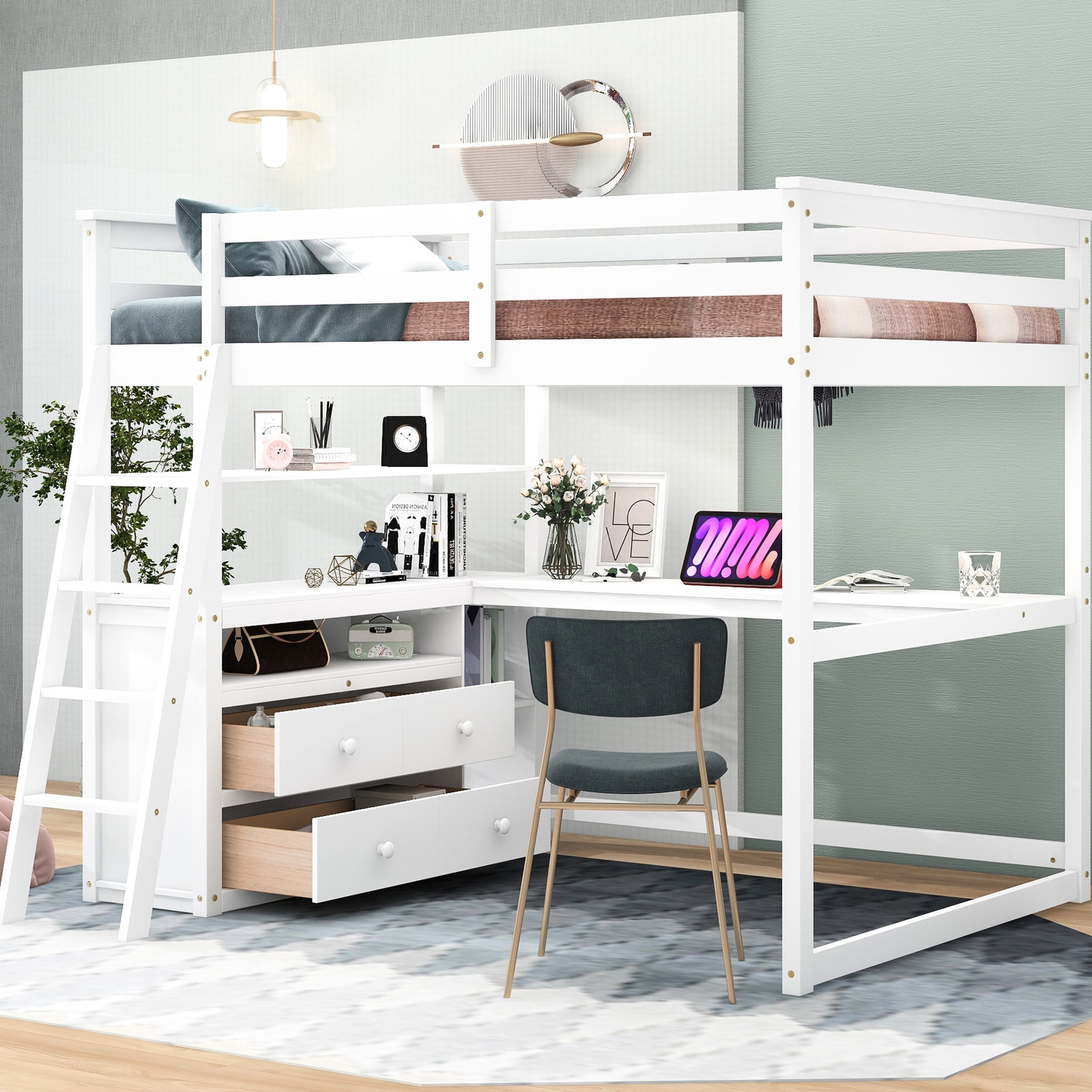 White Full Size Loft Bed with Study Desk, Shelves and Storage - Walmart.com
