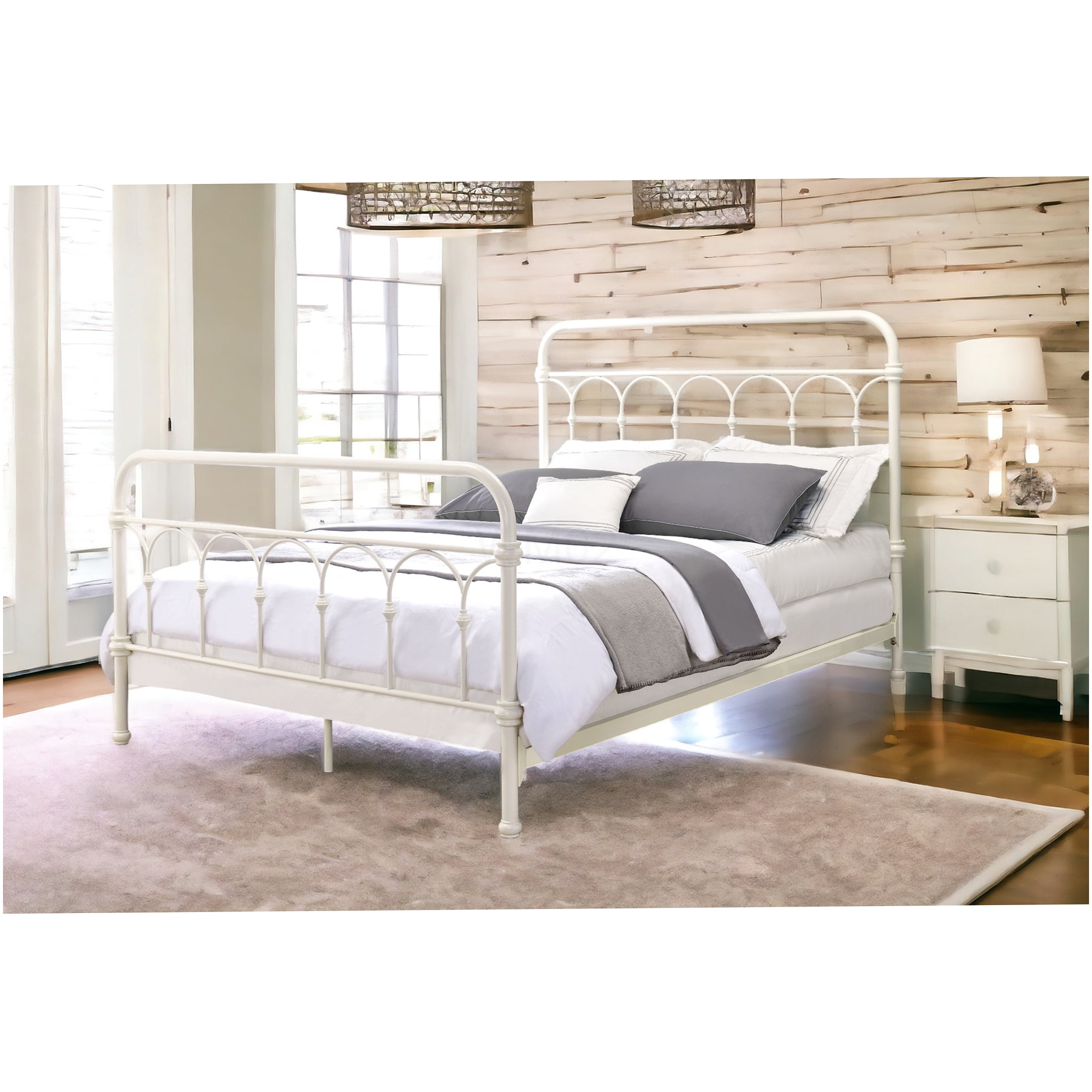 White Full Size Metal Bed Frame with Classic Spindle Headboard ...