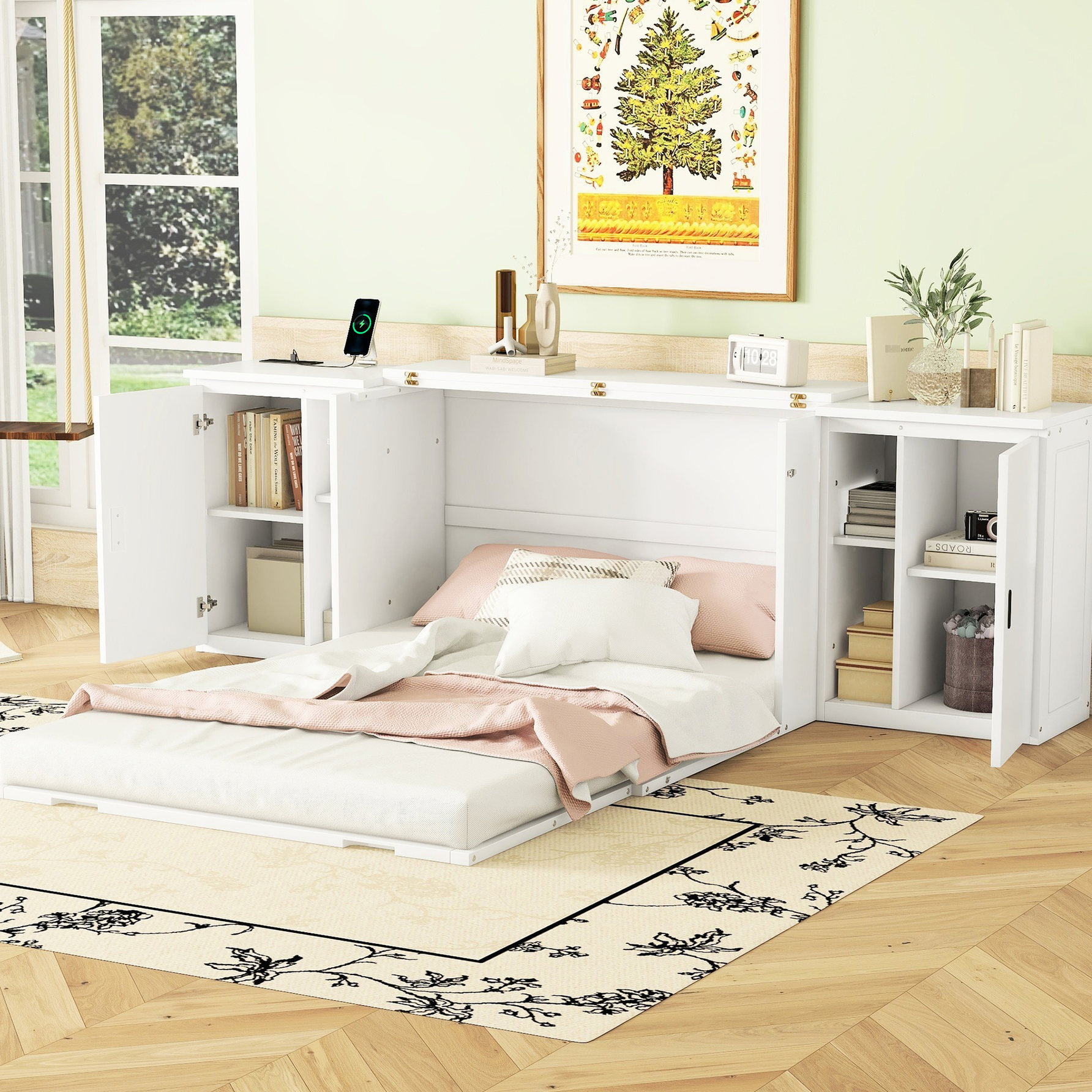 White Full Size Murphy Bed with Shelves and Built-in USB for Multi-use ...