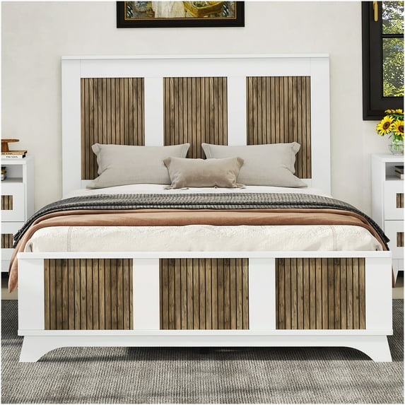 White Full Size Platform Bed Frame with Headboard & Footboard, Modern ...