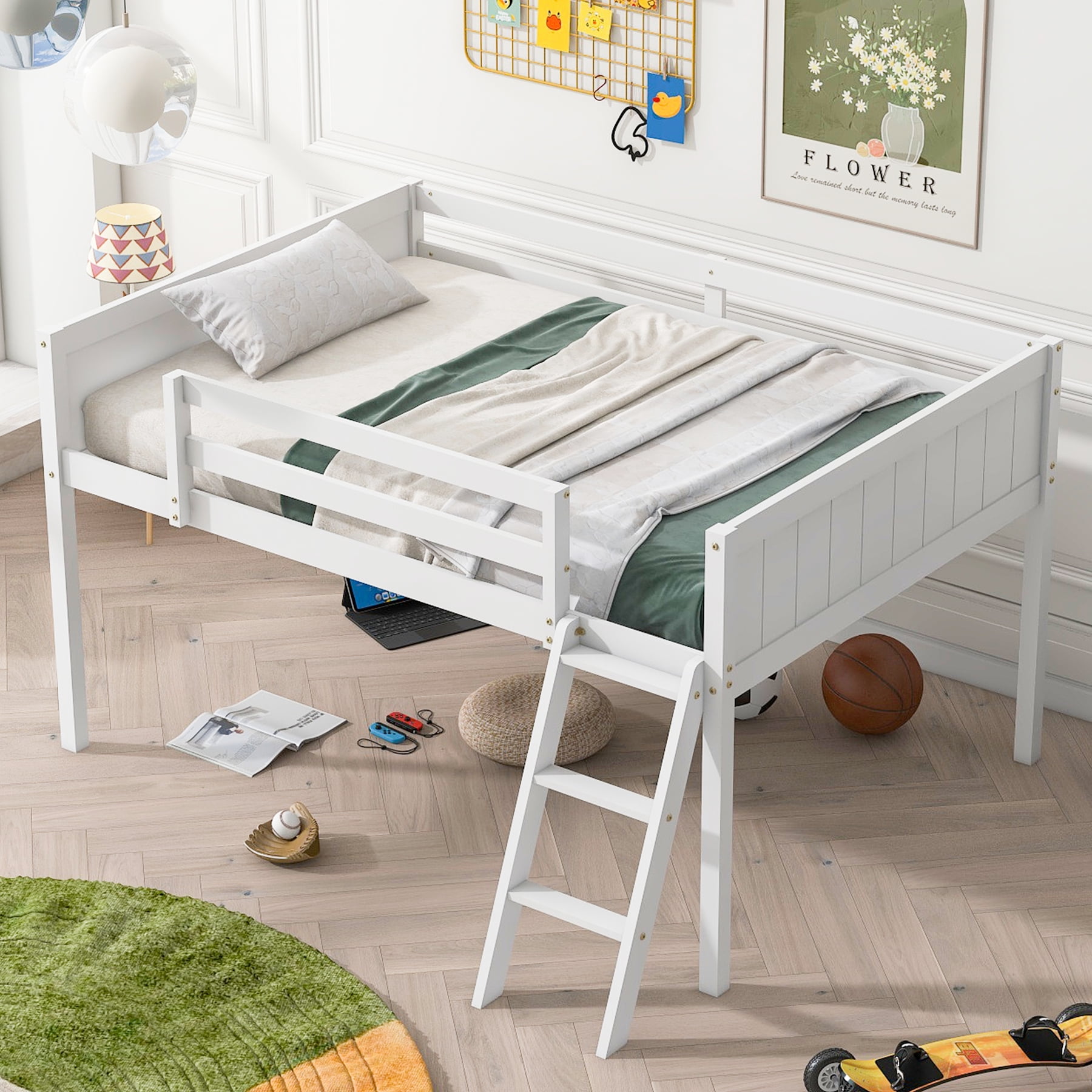 White Full Size Wood Low Loft Bed With Movable Staircase - Stable ...