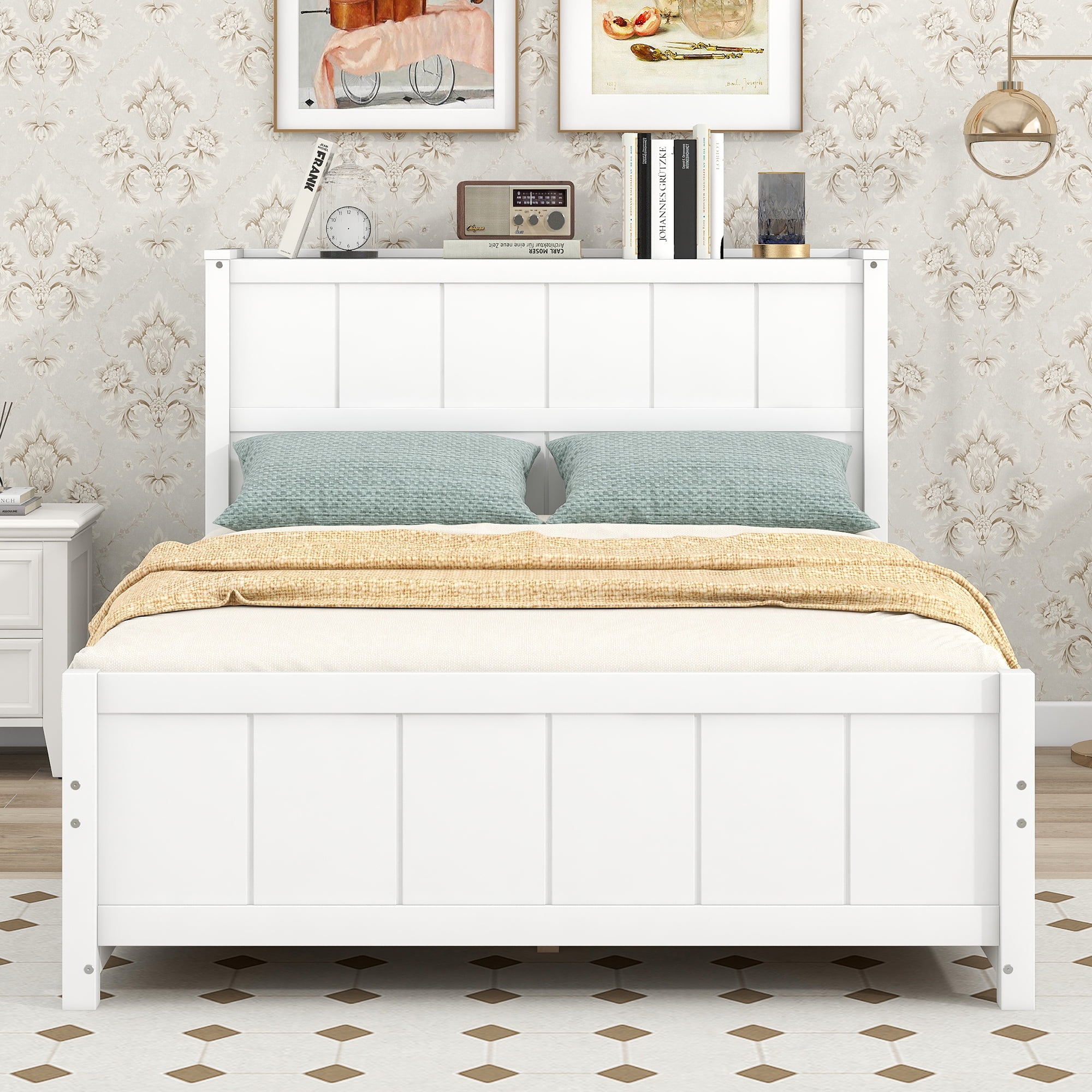 White Full Storage Bed, wood platform with 4 drawers and a shelved ...