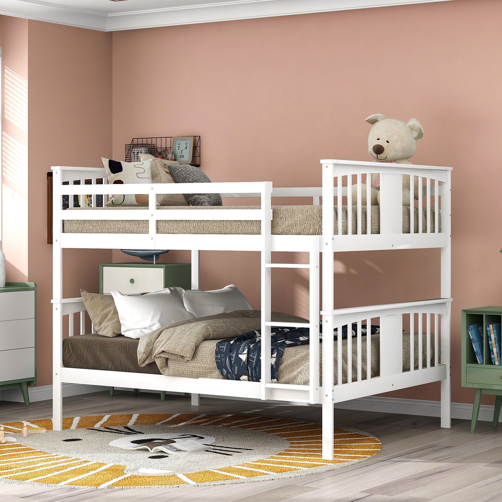 White Full over Full Bunk Bed with Ladder, Solid Pine Legs | Versatile ...
