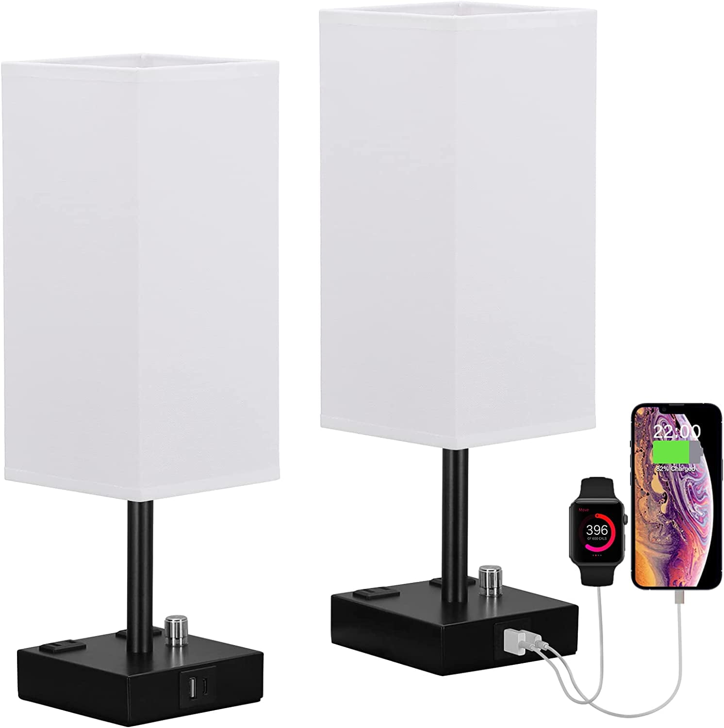 White Fully Dimmable Nightstand Lamps Set of 2 - Table Bedside Lamp ...