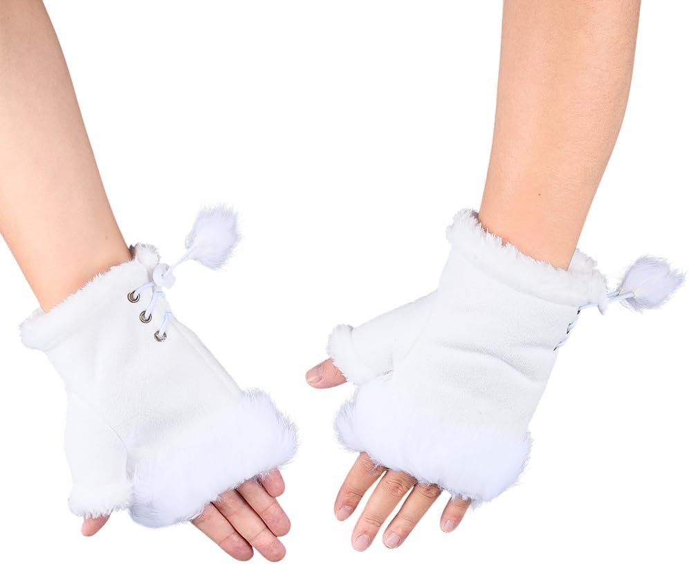 White Fur Fingerless Gloves Winter Cold Weather Fuzzy Suede Leather ...