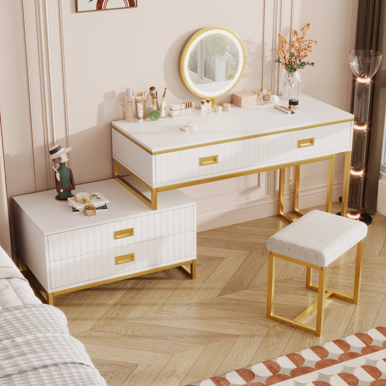 White GO Modern Style Large Vanity Table with Movable Side Cabinet and ...