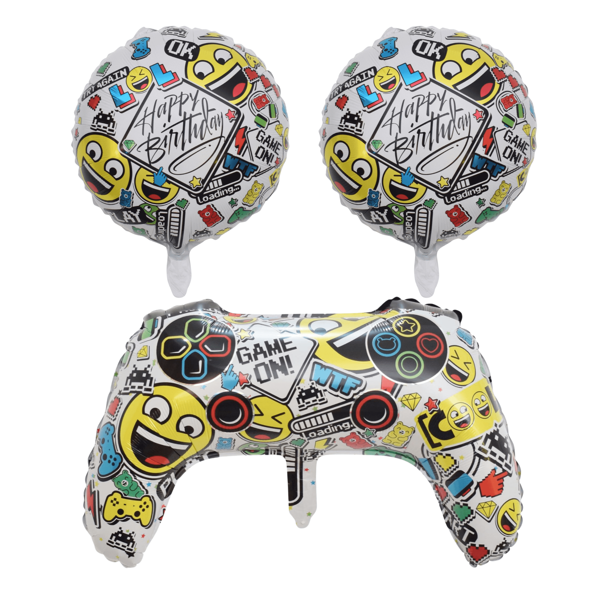 White Gamer-Themed Birthday Balloon Set with Controller and Emoji ...
