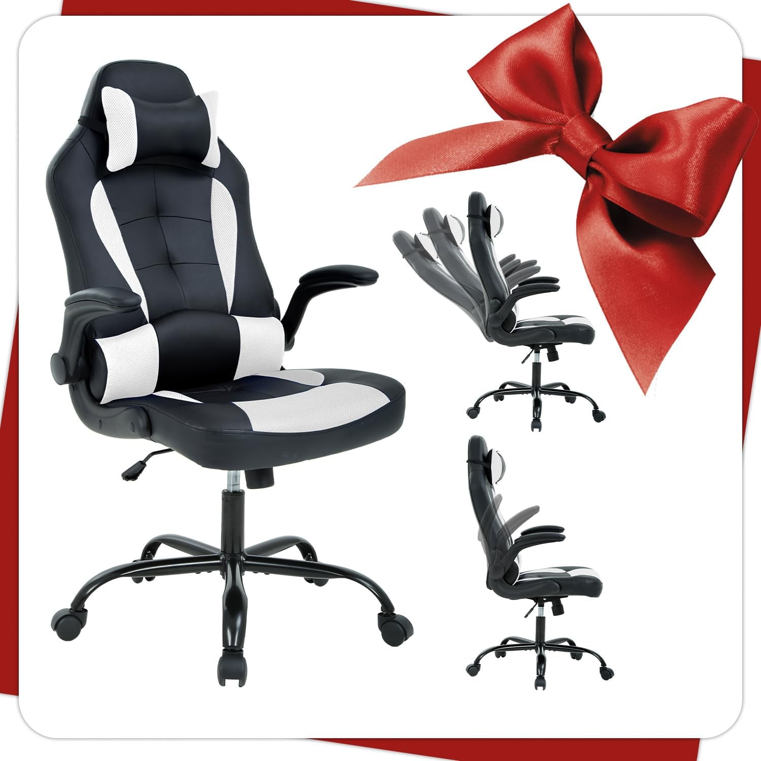 White Gaming Chair, PU Leather Gaming Chairs for Adults, Comfy Office Chair Ergonomic Desk Chair ...
