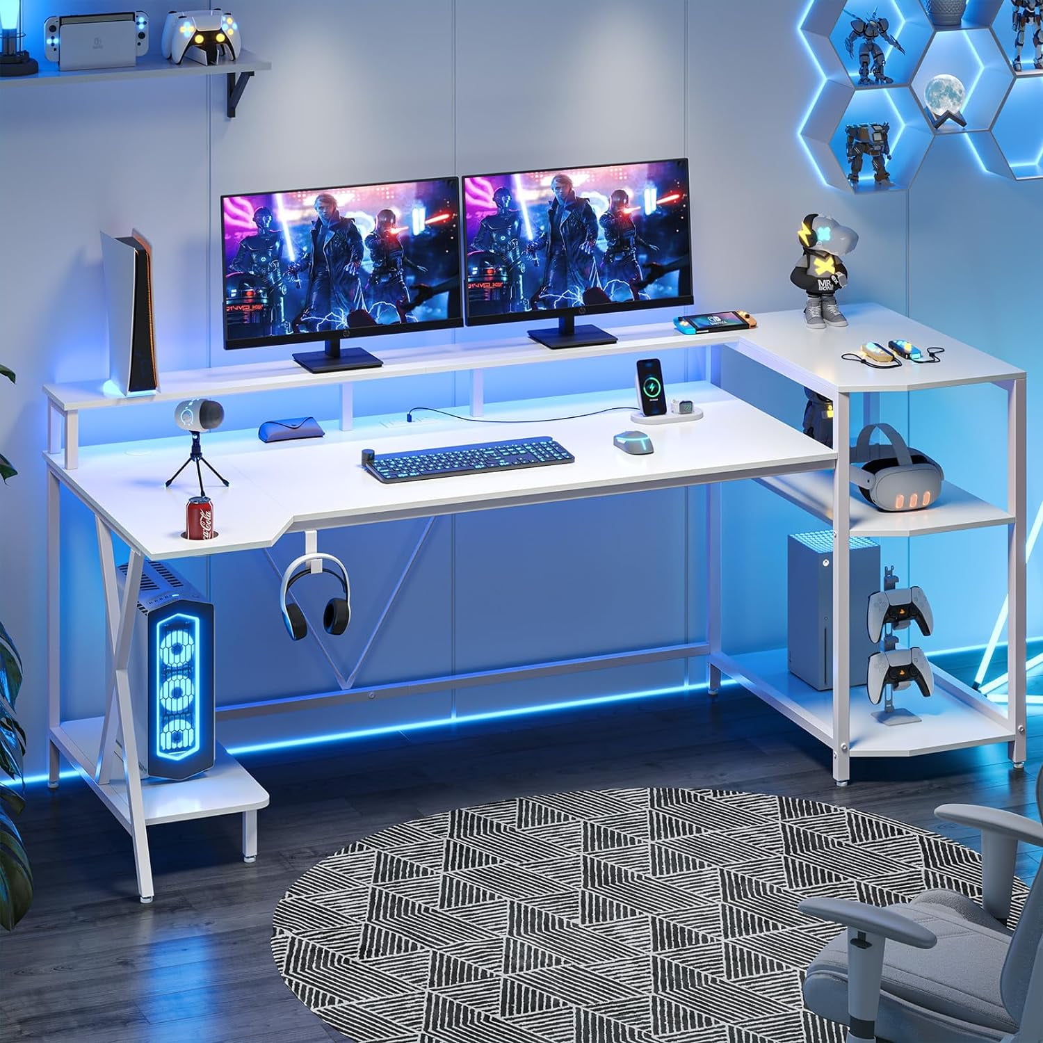 White Gaming Desk 70.8'' with LED Lights and Storage Shelves, Computer ...