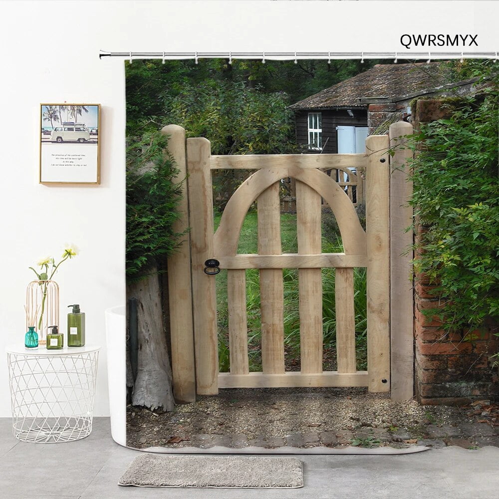 White Garden Fence Gate 3D Bathroom Curtain Green Creeper Landscape ...