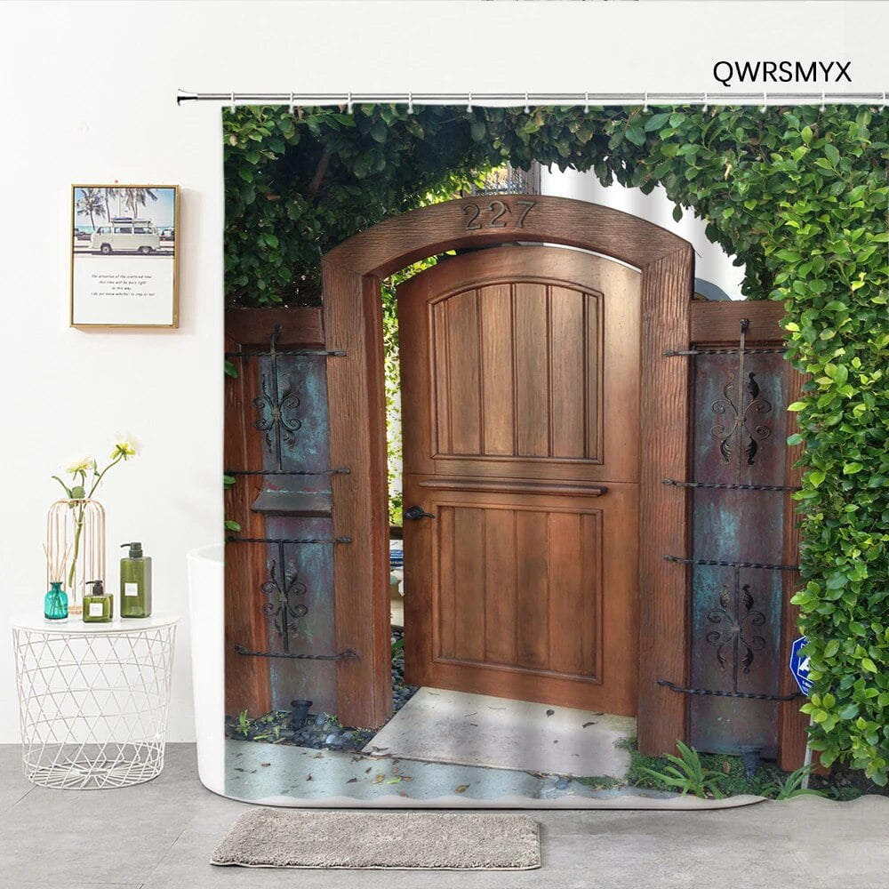 White Garden Fence Gate 3D Bathroom Curtain Green Creeper Landscape ...