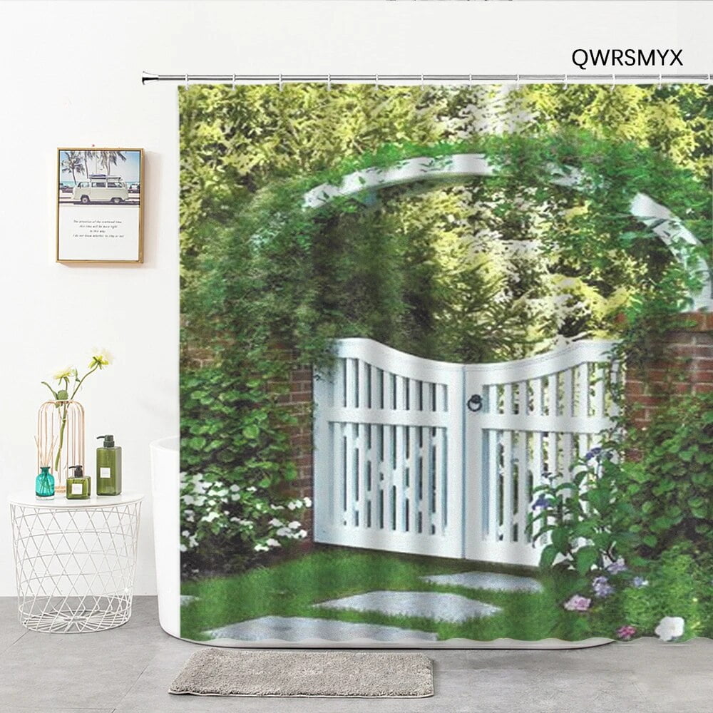 White Garden Fence Gate 3D Bathroom Curtain Green Creeper Landscape ...