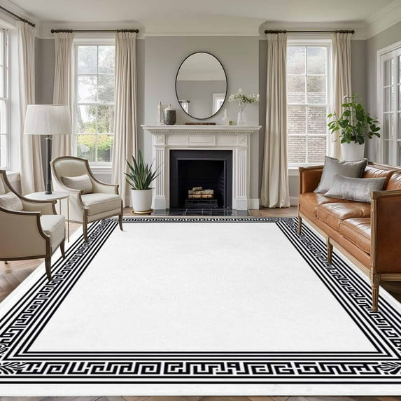 White Geometric 8x10 Area Rugs, Black Greek Key Design Abstract Modern ...