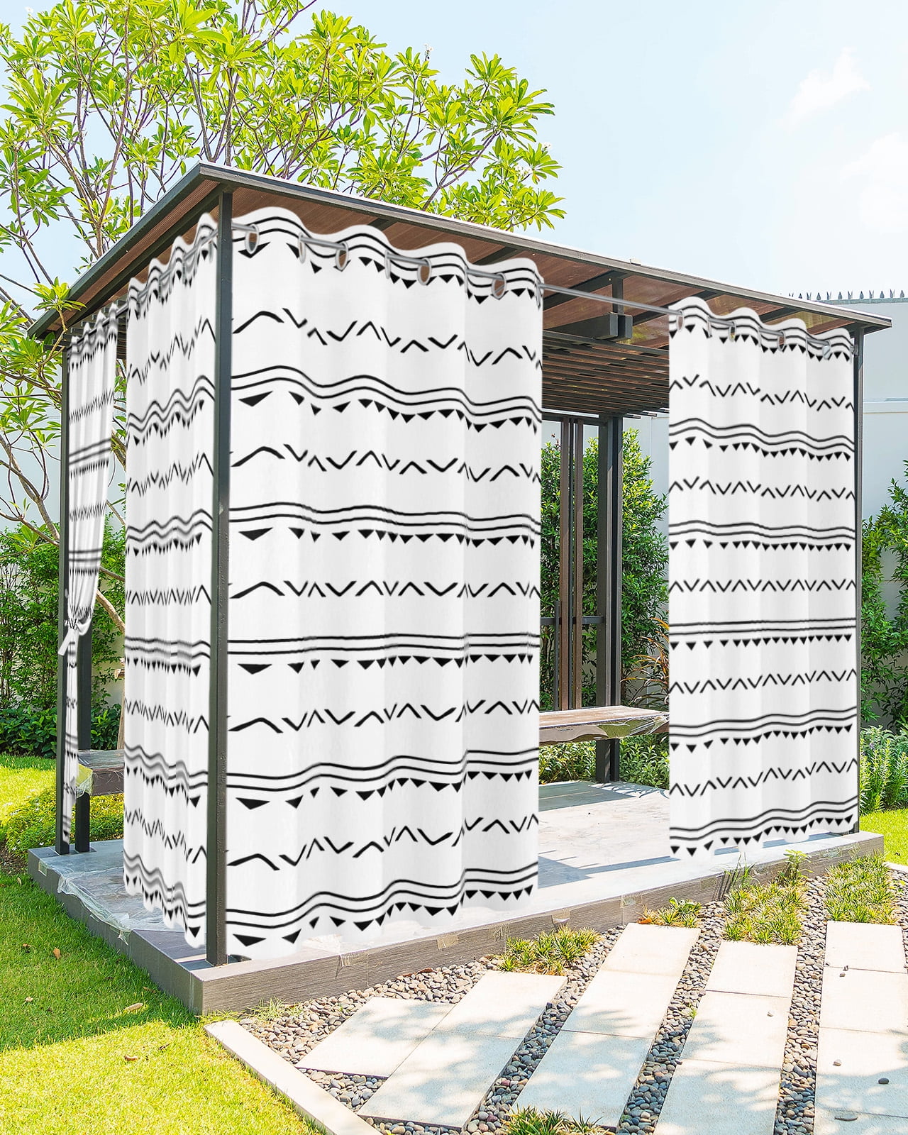 White Geometric Abstract Art Outdoor Curtains for Patio, Modern Black ...