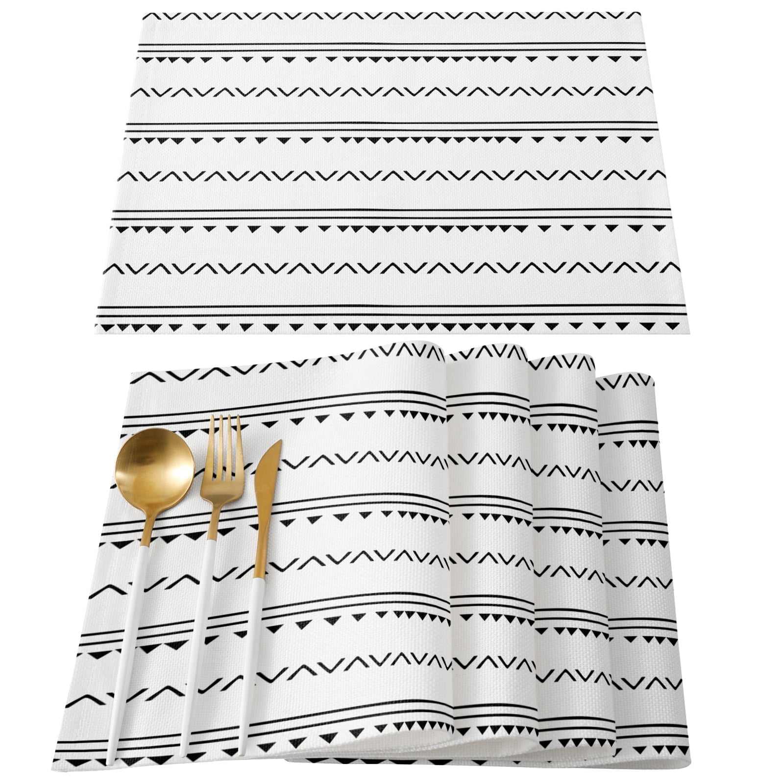 White Geometric Abstract Art Placemats Set of 4, Modern Black Stripes ...