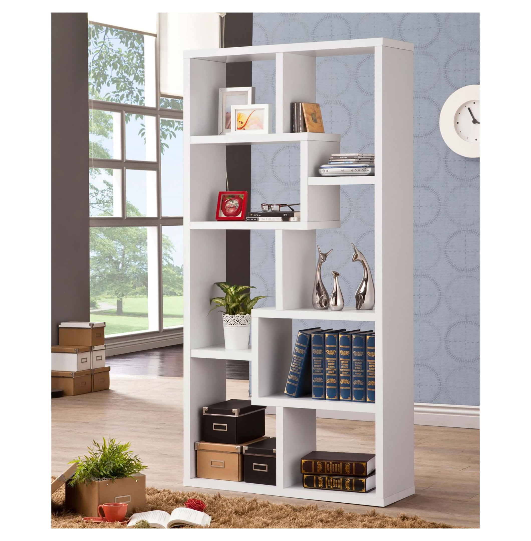 White Geometric Bookcase 8-Shelf - Modern Tall Bookcases for Living ...