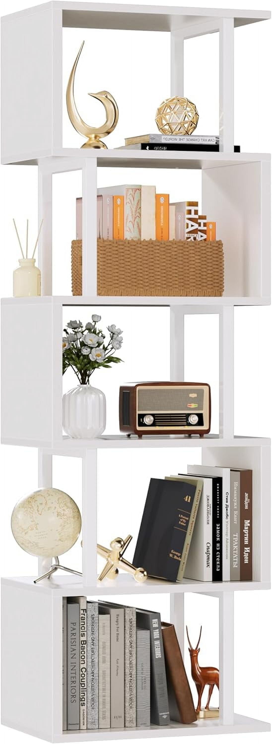 White Geometric Bookshelf 6 Tier S-Shaped Bookcase, Tall Modern Display ...