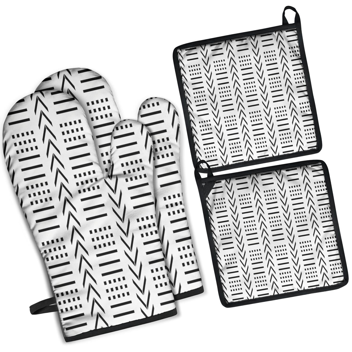 White Geometric Diamond Chevron Pattern Kitchen Oven Mitt and Pot ...