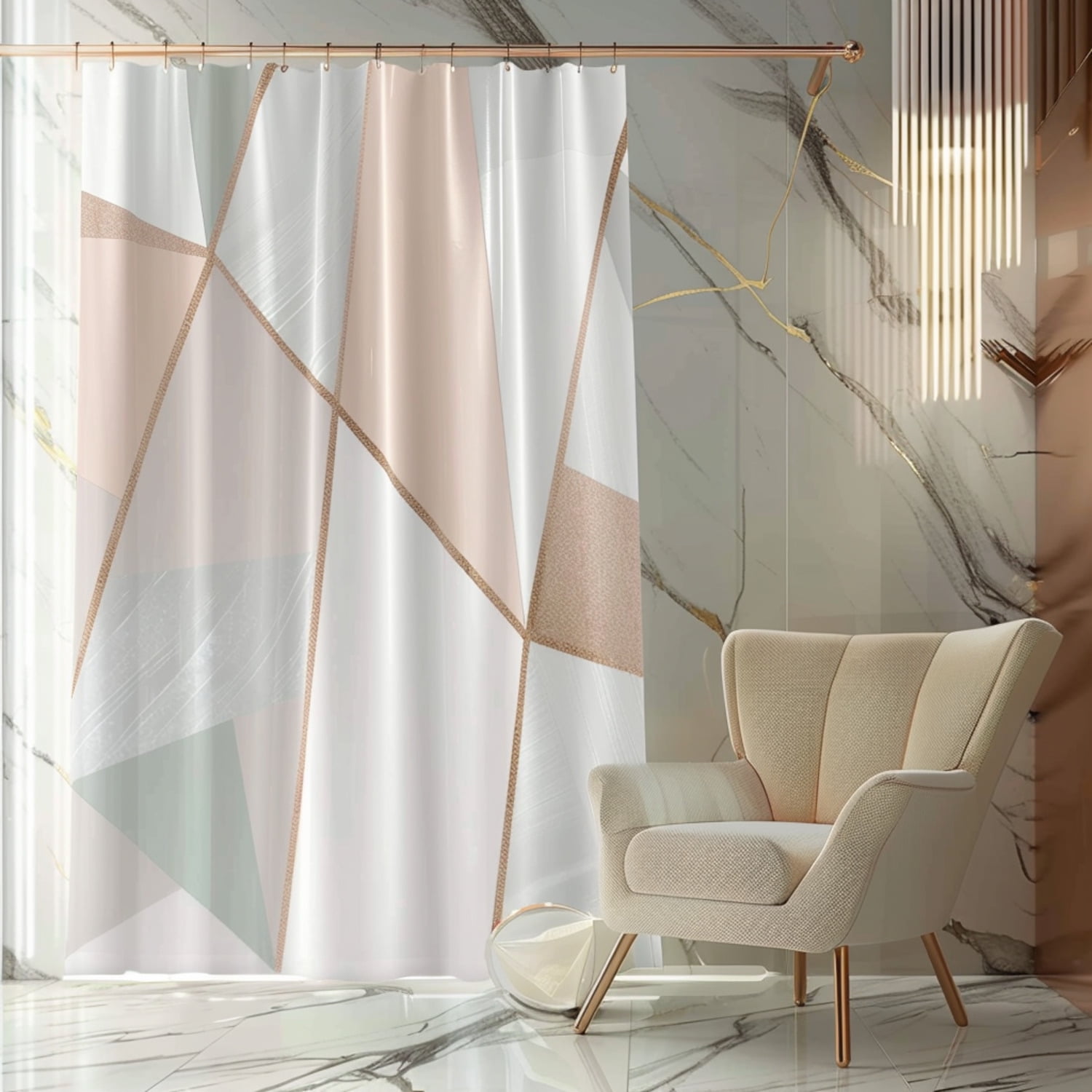 White Geometric Patterned Shower Curtain With Rose Gold Accents Modern