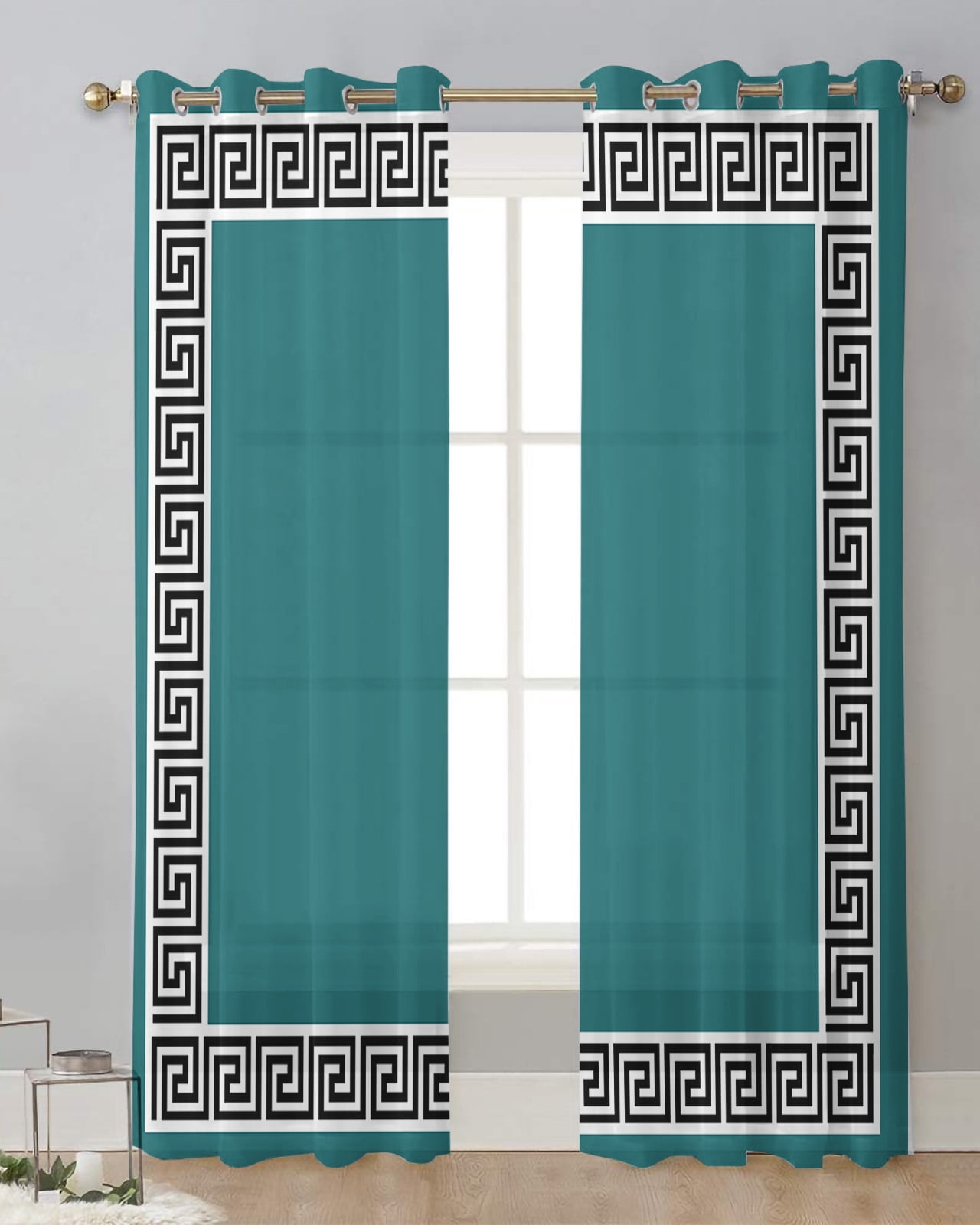 White Geometric Zigzag Greek Pattern Tulle Curtain for Living Room ...