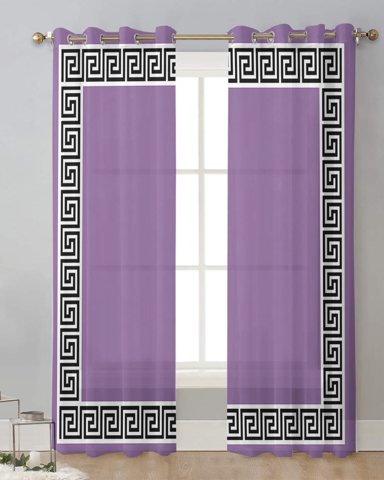 White Geometric Zigzag Greek Pattern Tulle Curtain for Living Room ...