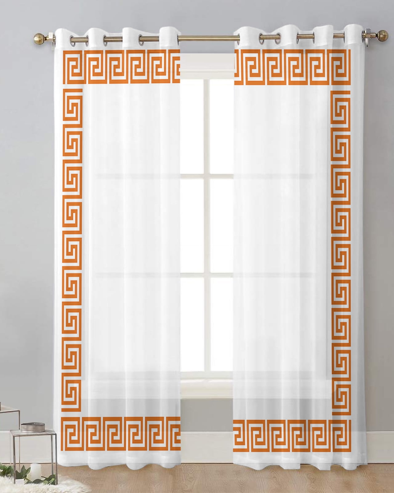 White Geometric Zigzag Greek Pattern Tulle Curtain for Living Room ...