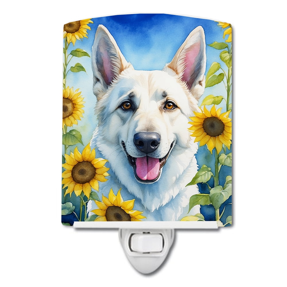 White German Shepherd in Sunflowers Ceramic Night Light 4 in x 6 in ...