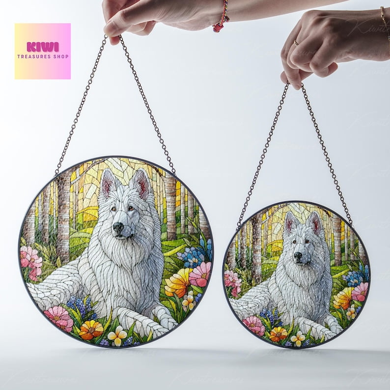 White German shepherd spring forest GLASS Suncatcher Hanging, german ...
