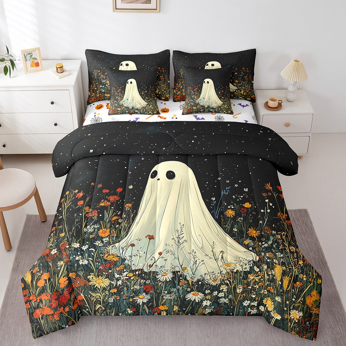 White Ghost 7 Pcs Bed in a Bag Halloween Decorations Bedding Set Full ...