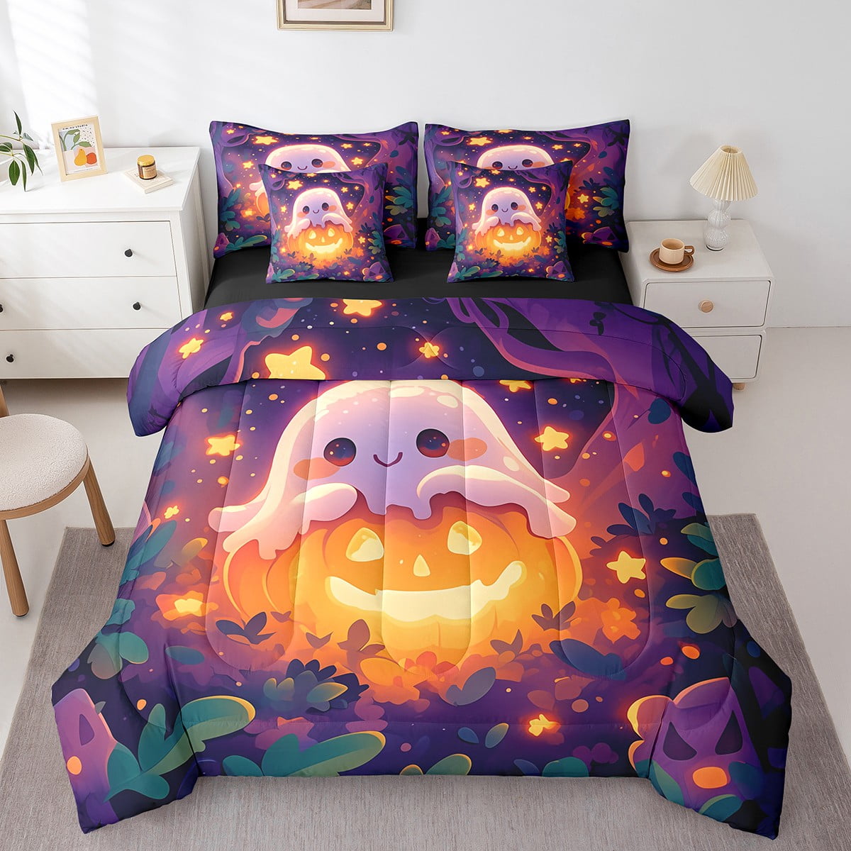 White Ghost 7 Pcs Bed in a Bag Halloween Pumpkin Lantern Bedding Set ...