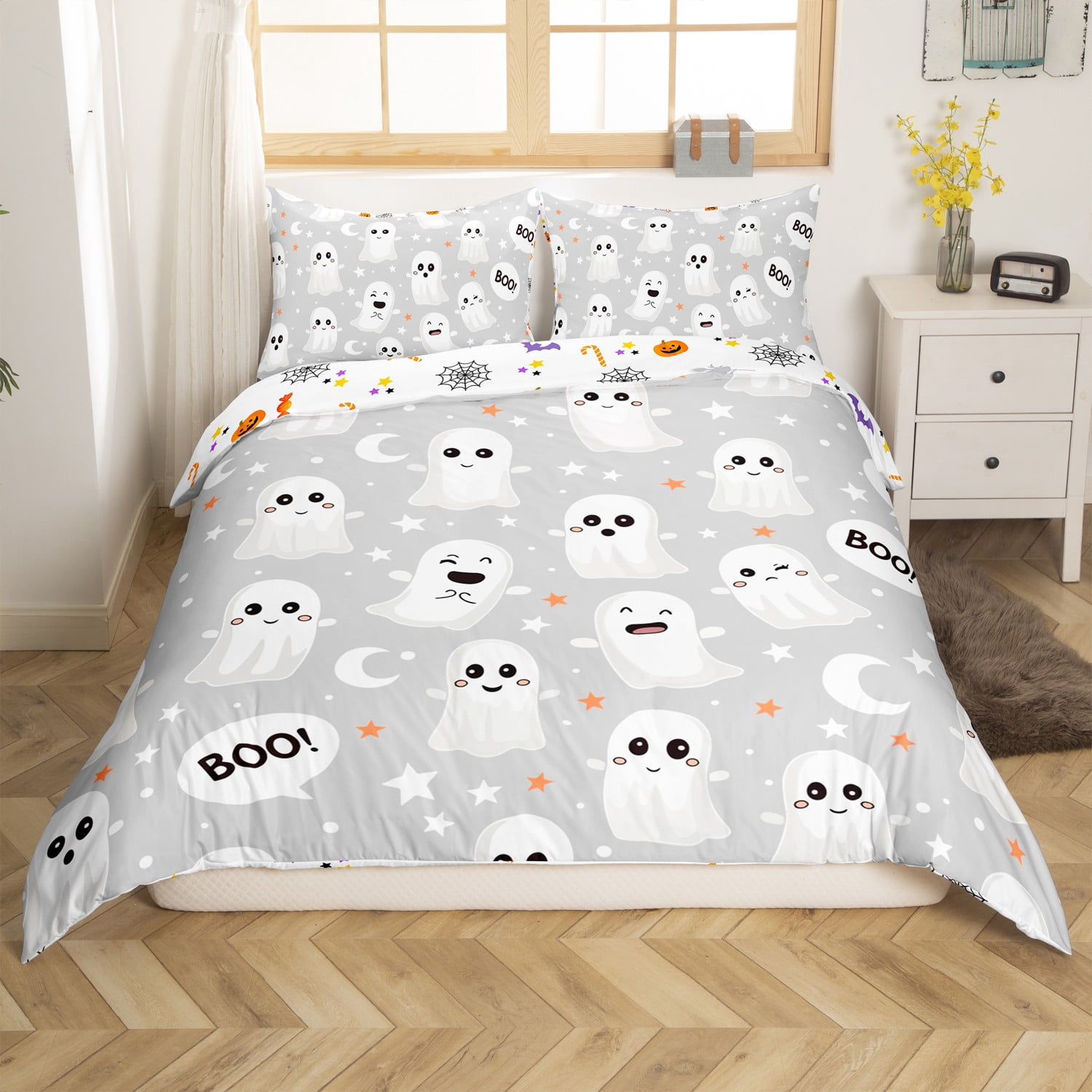 White Ghost Bedding Set 2 Pcs Cute Cartoon Ghost Print Duvet Cover Twin ...