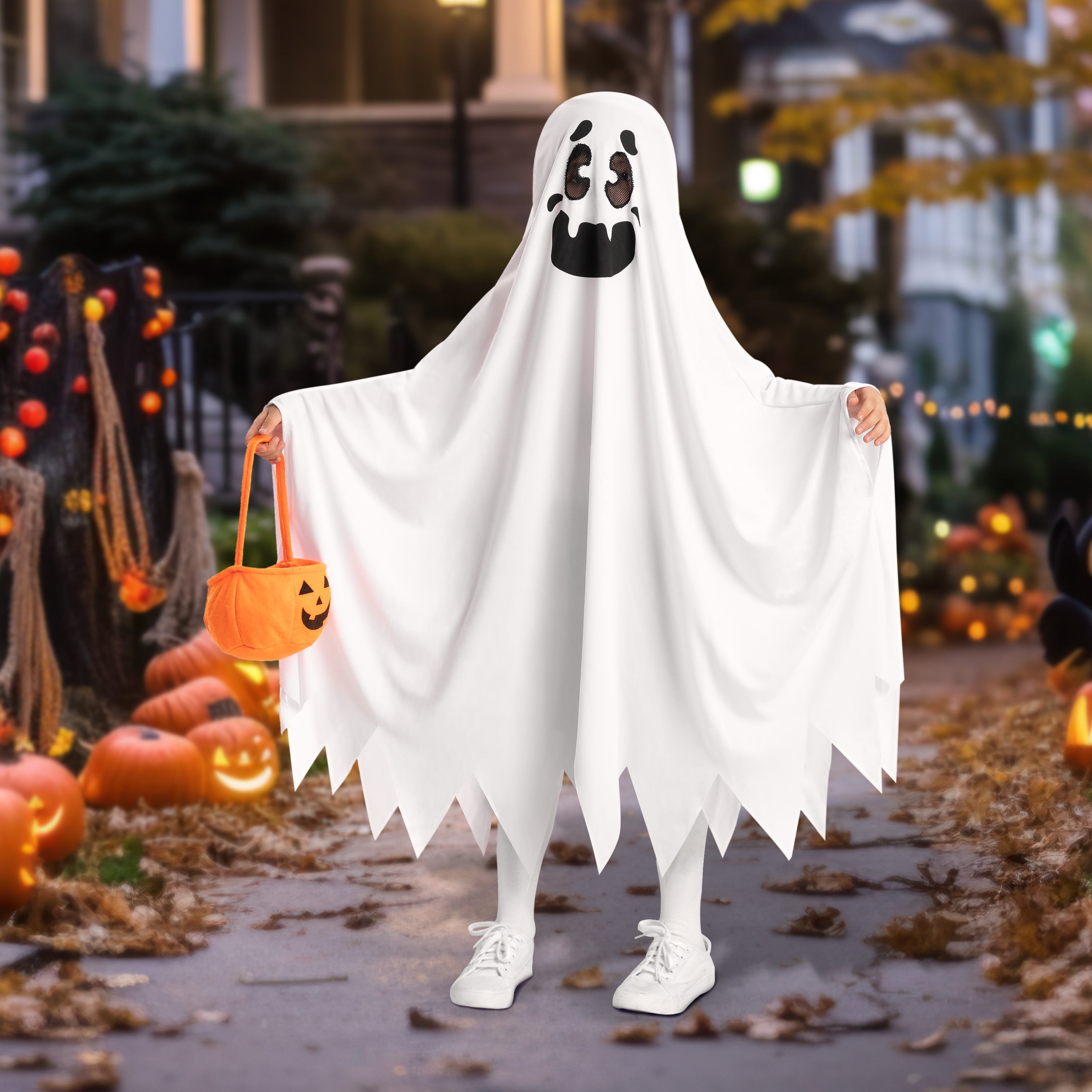 SYNCFUN White Ghost Costumes for Kids, Smile Ghost Costume with Pumpkin Basket for Halloween ...