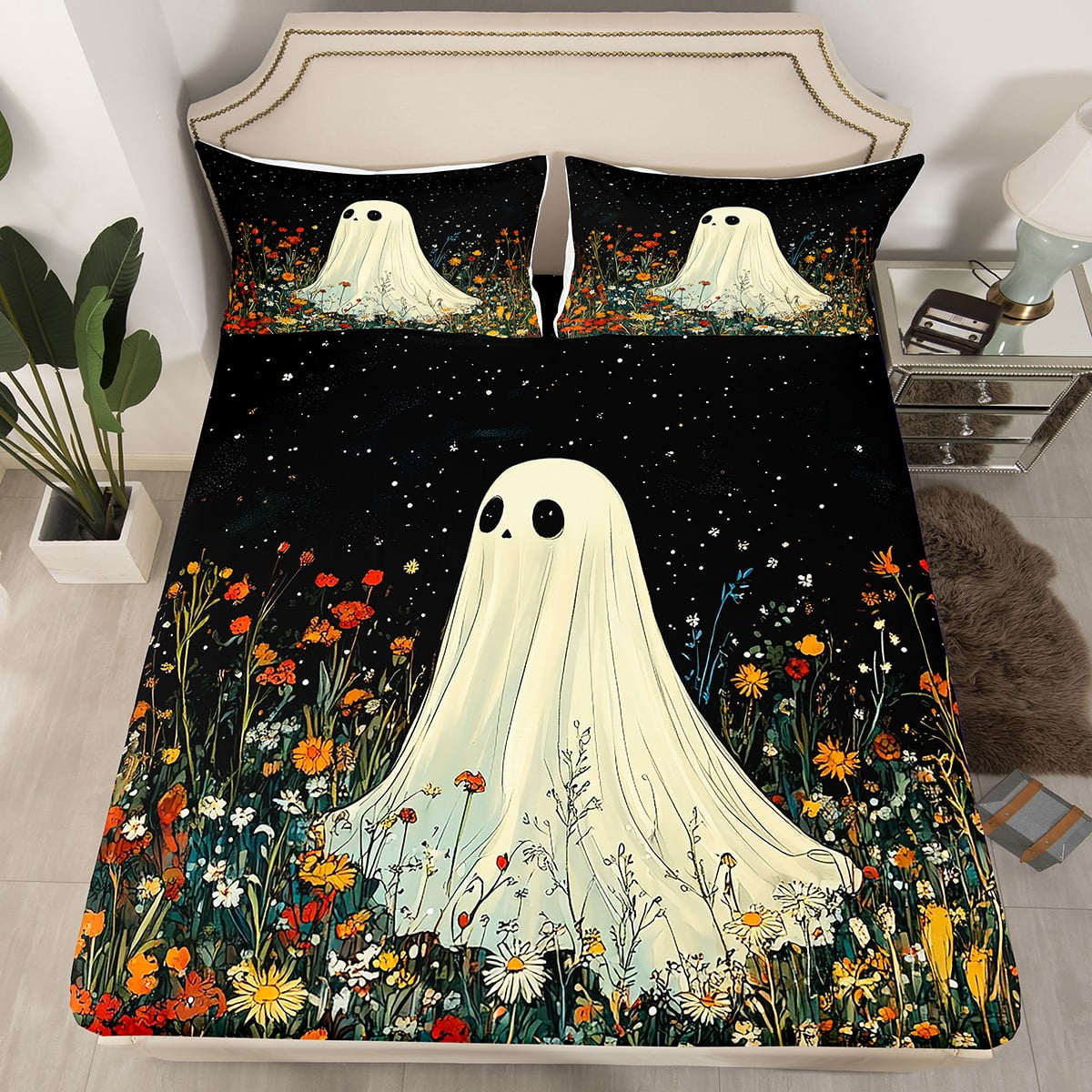 White Ghost Fitted Sheet Halloween Decorations Bed Sheets Full Size ...