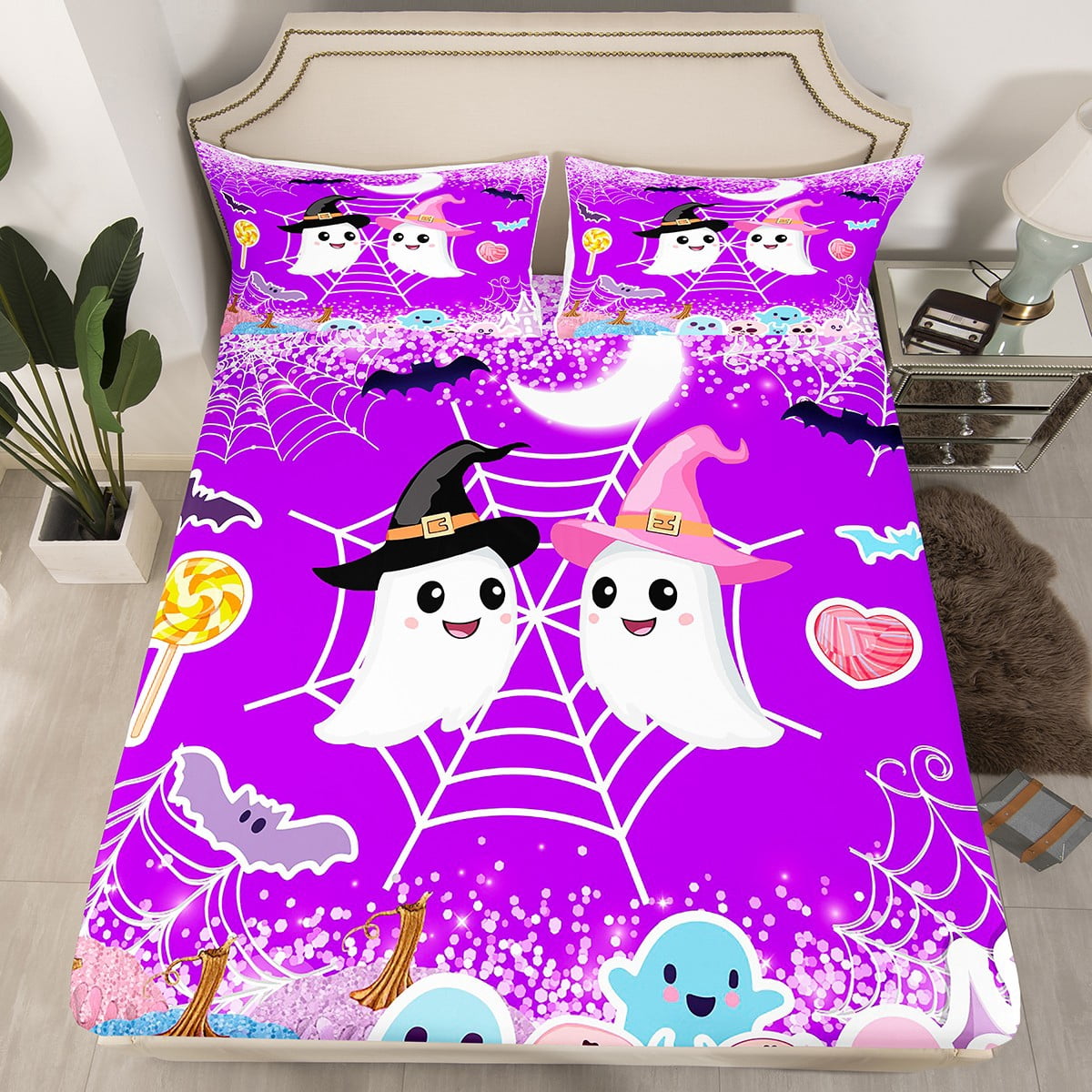 White Ghost Fitted Sheet Twin Ghost Spider Bats Print Bed Sheets Happy ...