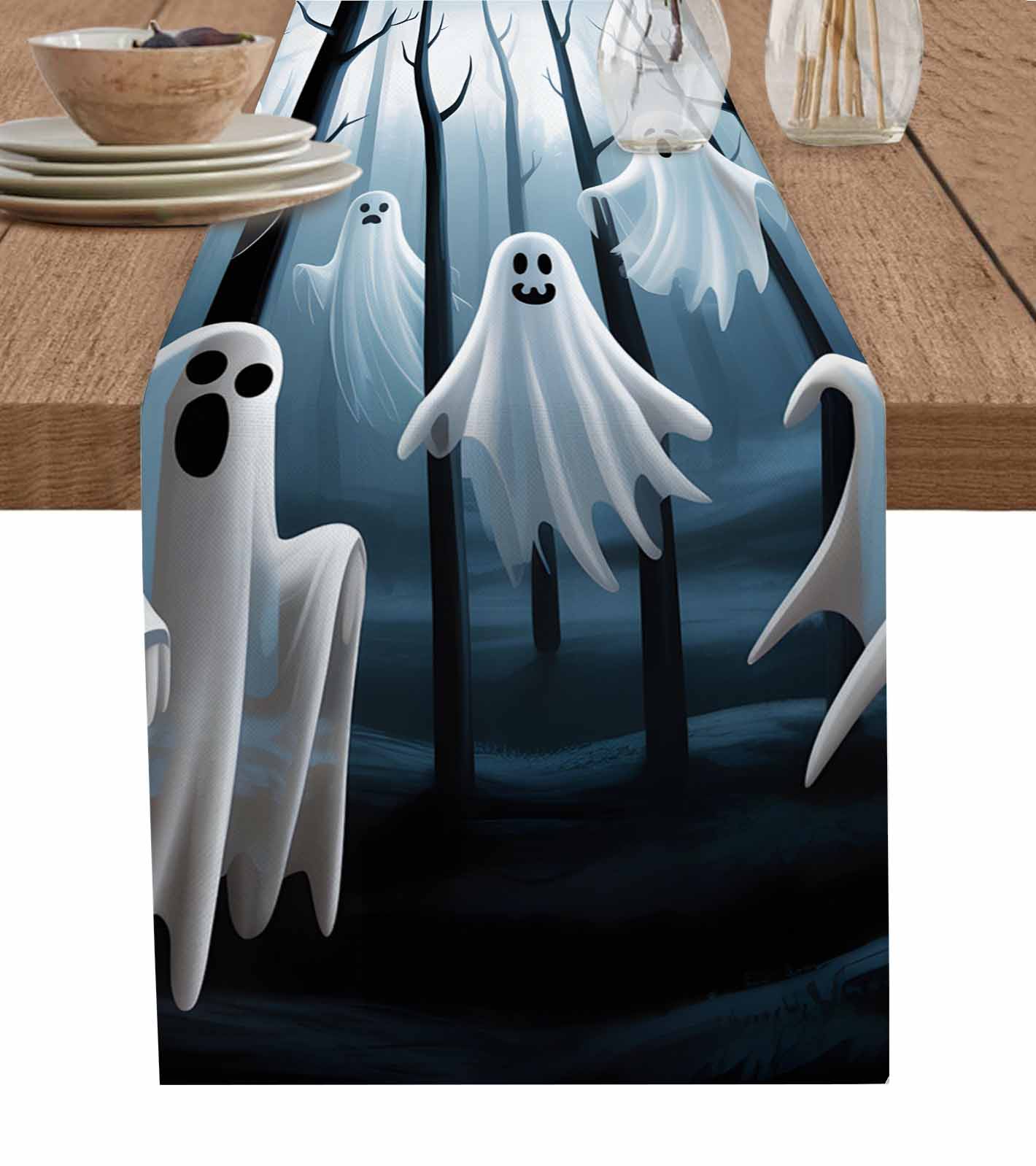 White Ghost Halloween Table Runner 72 Inches, Silhouettes Forest ...