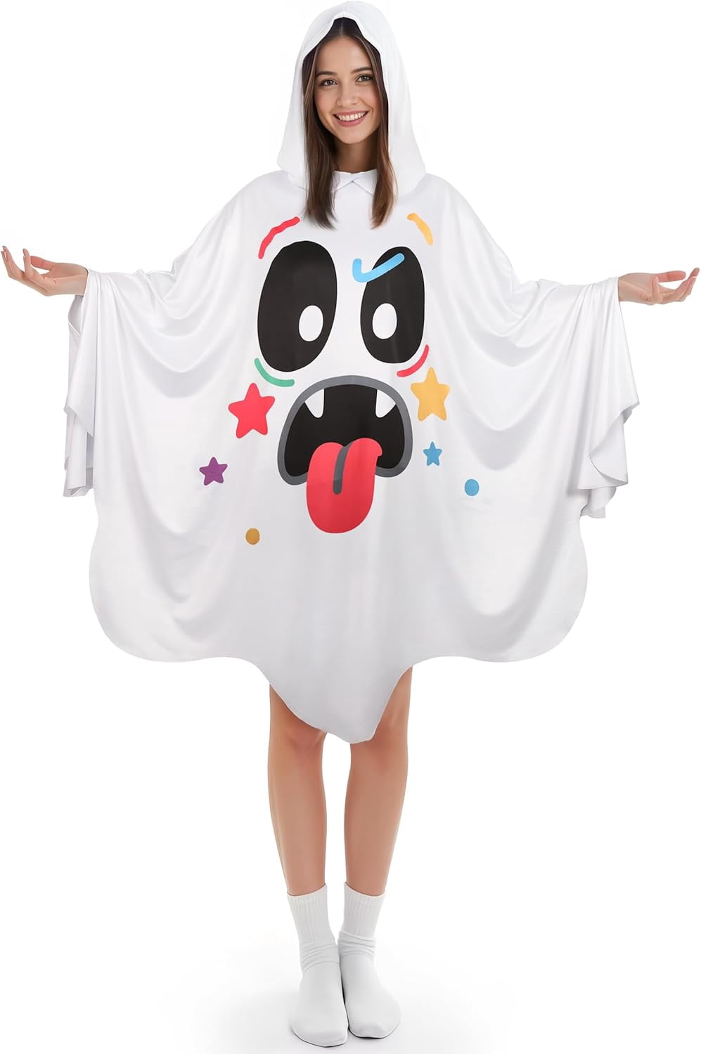 White Ghost Poncho with Hood Adult Spooky Halloween Costume for Womens ...