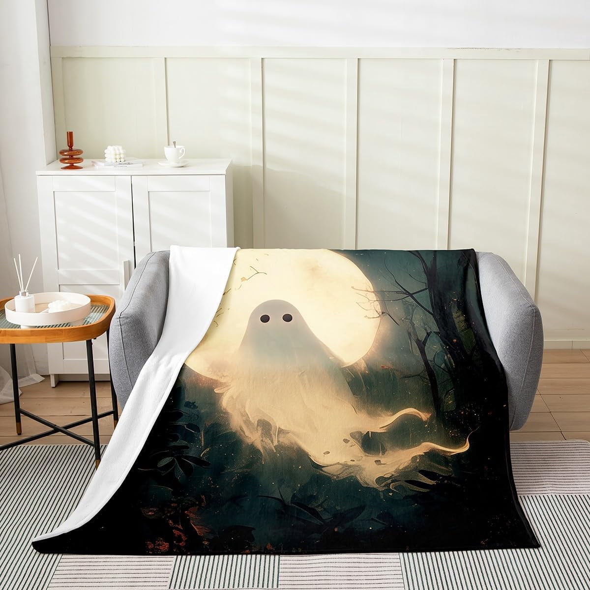 White Ghost Throw Blanket 40x50 Watercolor Starry Moon Halloween Bed ...