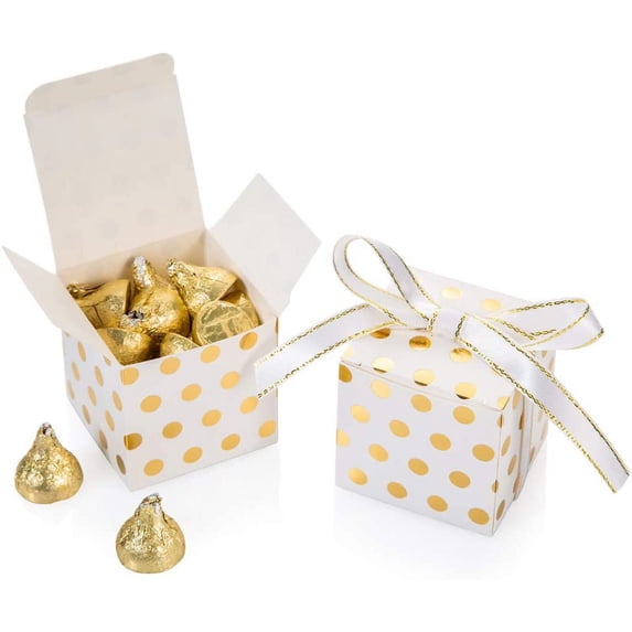 White Gift Candy Box Bulk with Gold Dots 2x2x2 inches with Ribbon Party ...