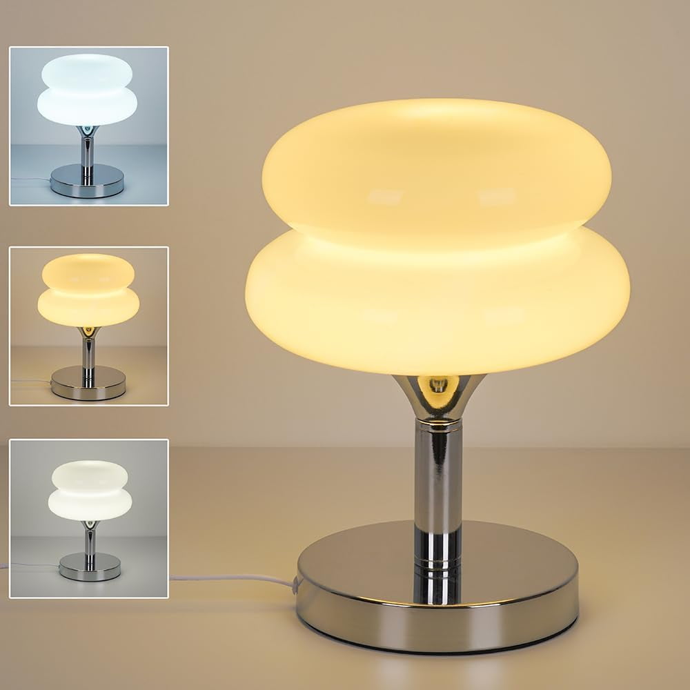 White Glass Bedside Lamps 10.63 Inch Egg Tart Lamp for Nightstand Retro ...